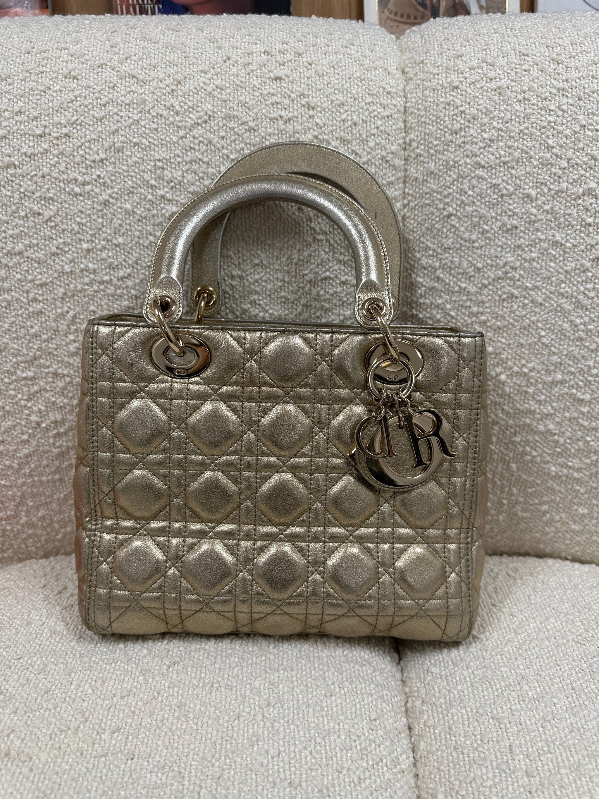 Dior metallic gold medium lady dior with GHW - AJC0859 – Luxury Promise