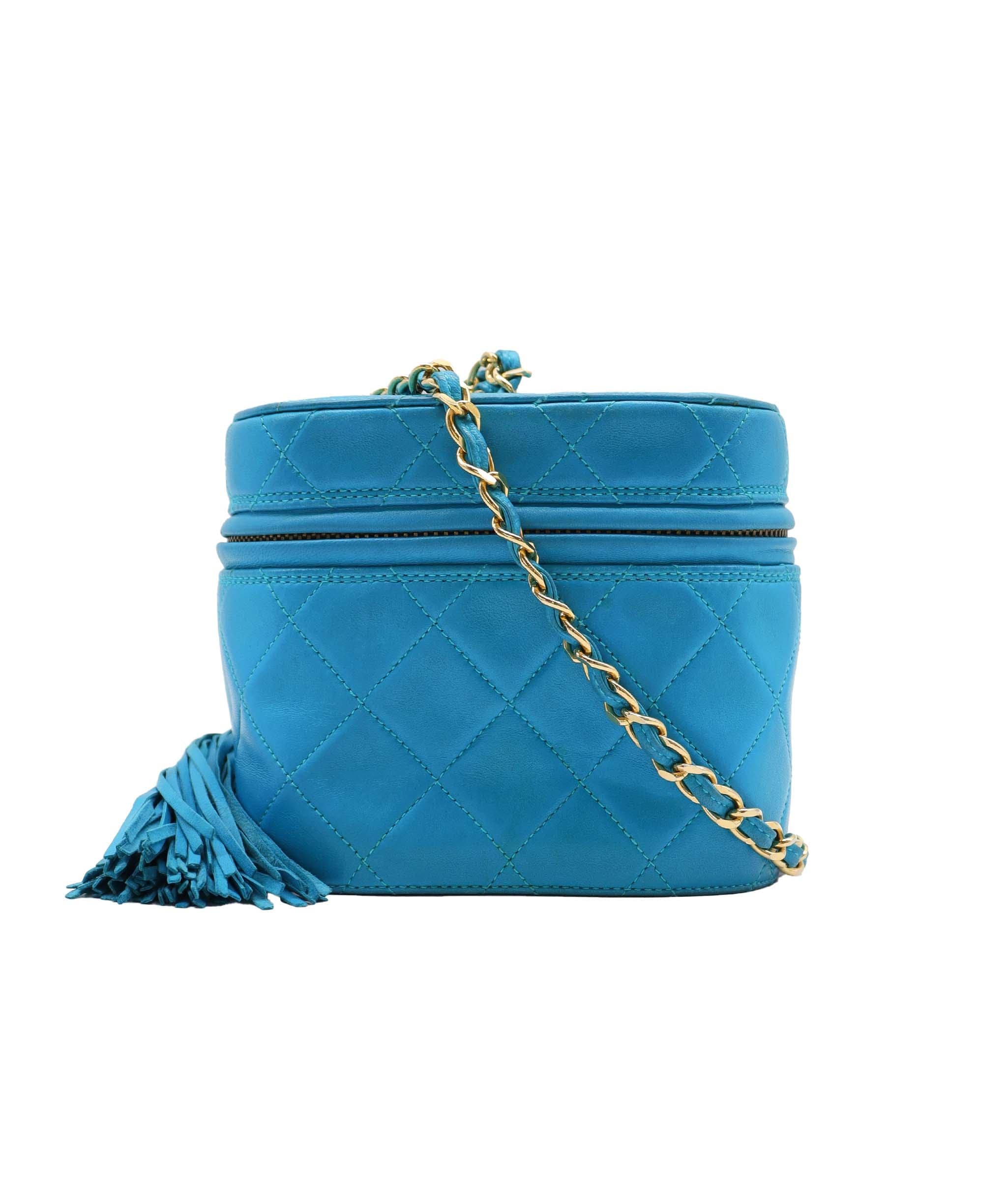 CHANEL VINTAGE FRINGE CHAIN SHOULDER BAG SATIN BLUE LAMBSKIN LEATEHR D ...