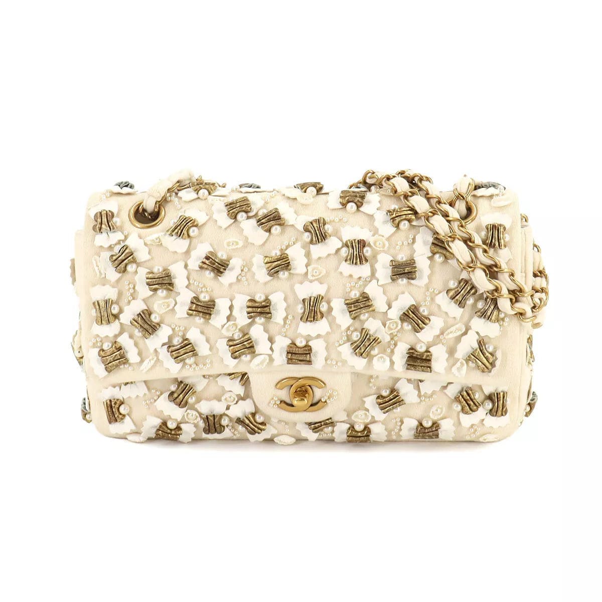 CHANEL Chain Shoulder Bag Cotton Light beige Rhinestone 90244340 ...