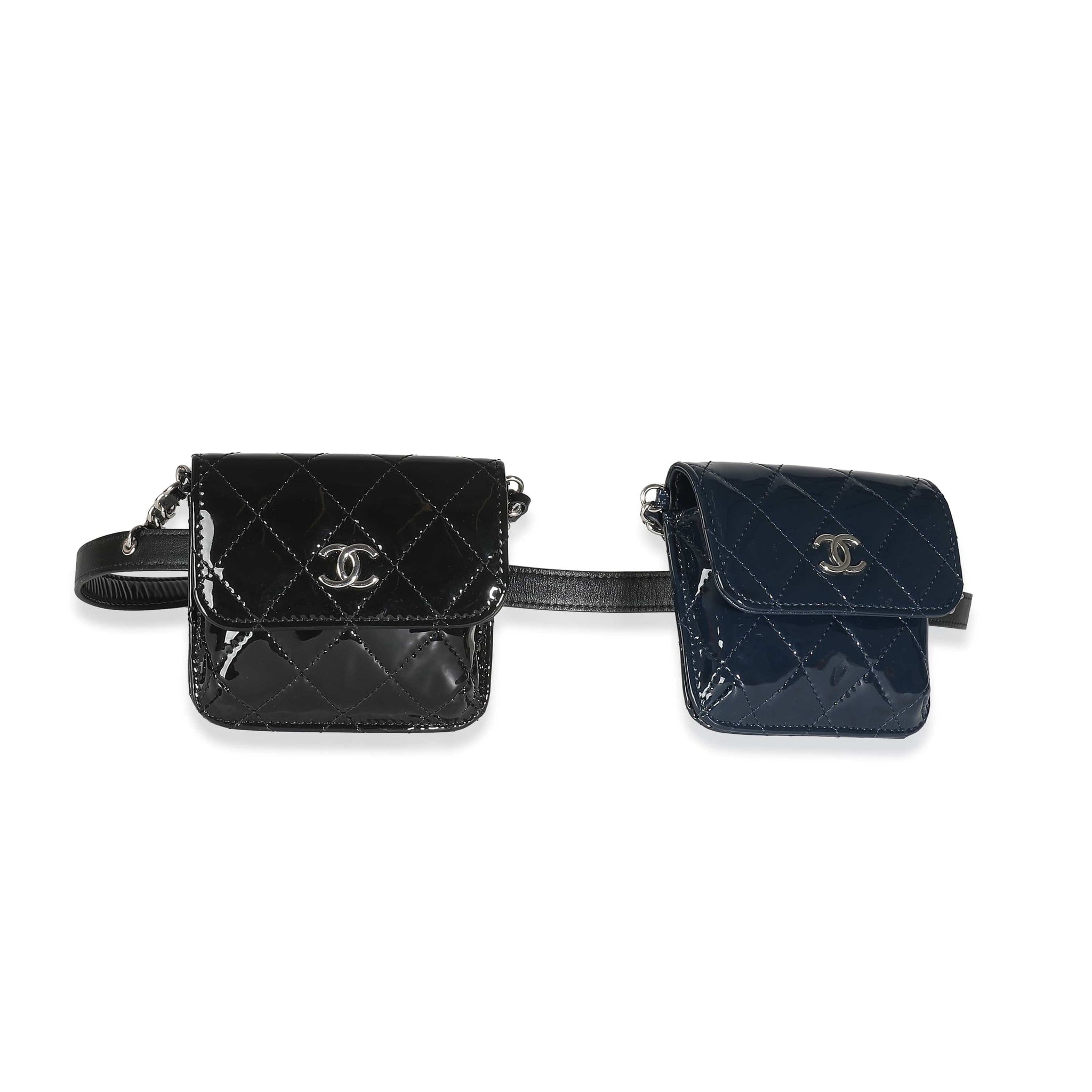 Chanel Black Navy Quilted Patent CC Double Chain Mini Waist Bag ...