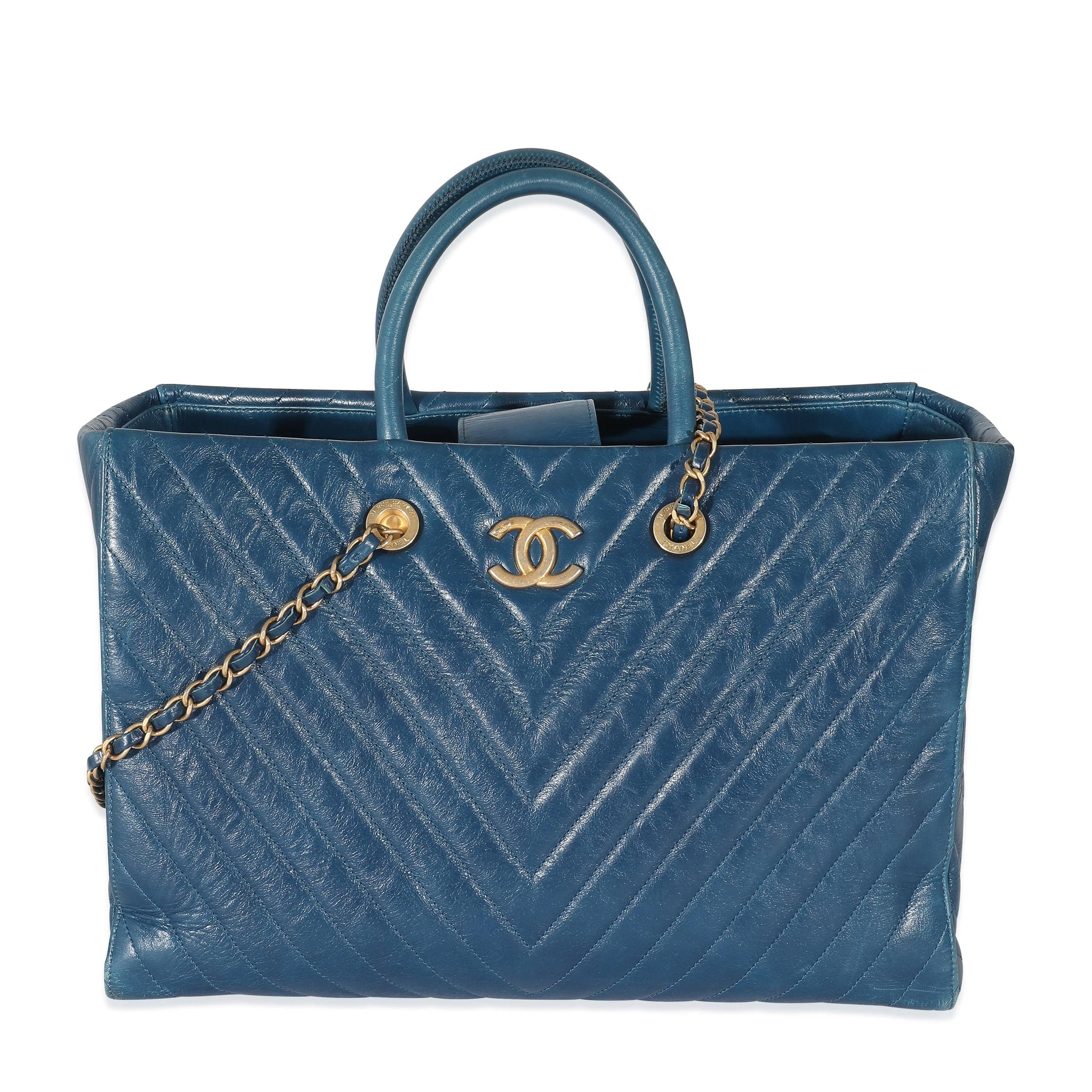 Chanel Blue Aged Calfskin Chevron Large Coco Handle Shopping Tote ...