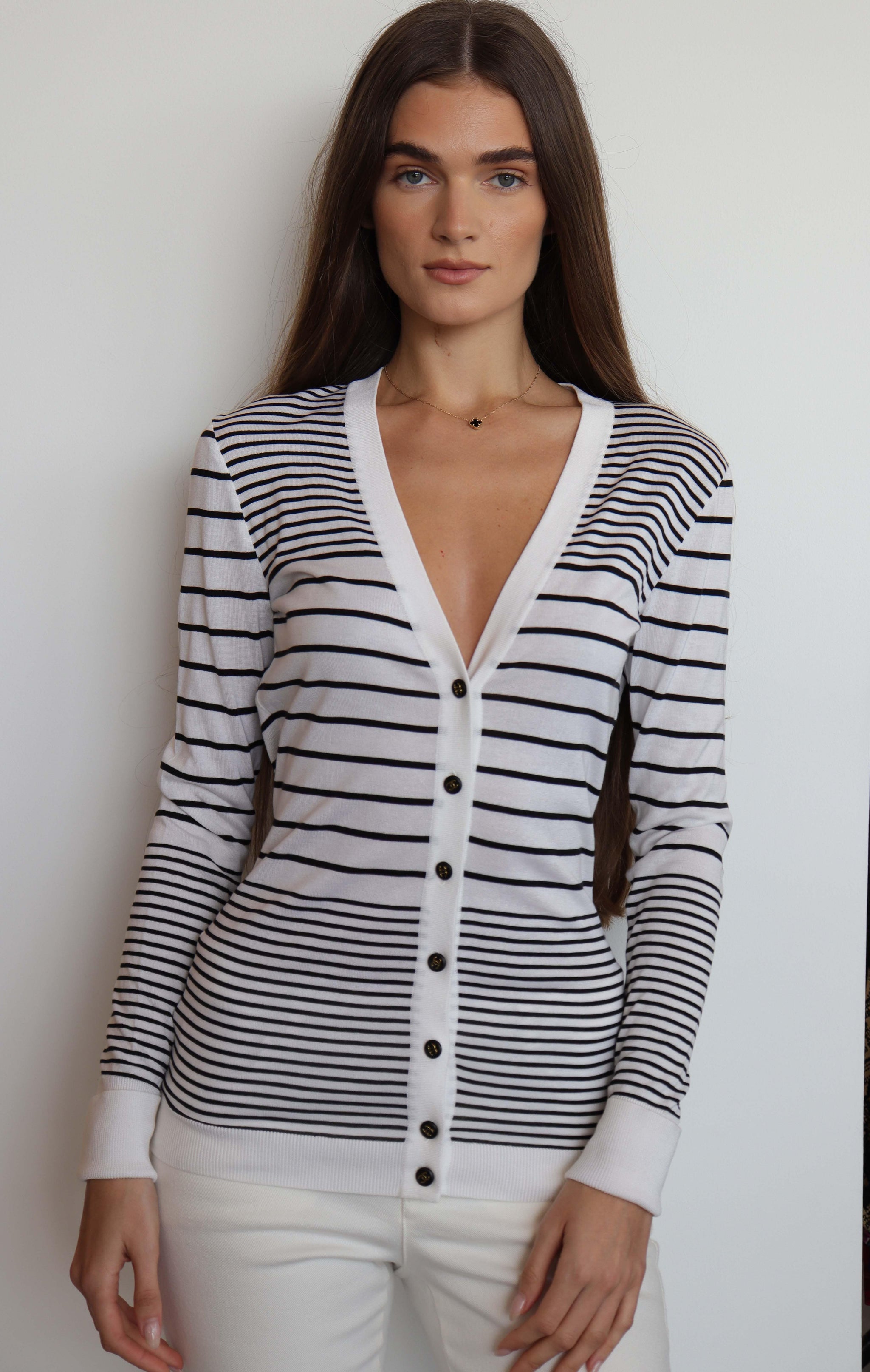 Chanel Logo Button Stripe Cardigan White Black DXBS2004 – Luxury Promise