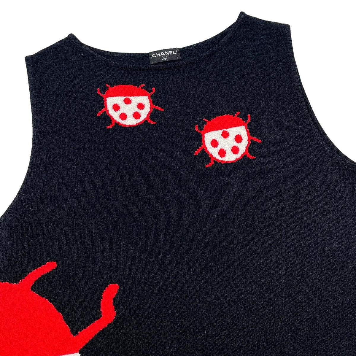 CHANEL Vintage 04P CC Mark Logo Ladybugs Knit Tank Top Black Red Cotto ...