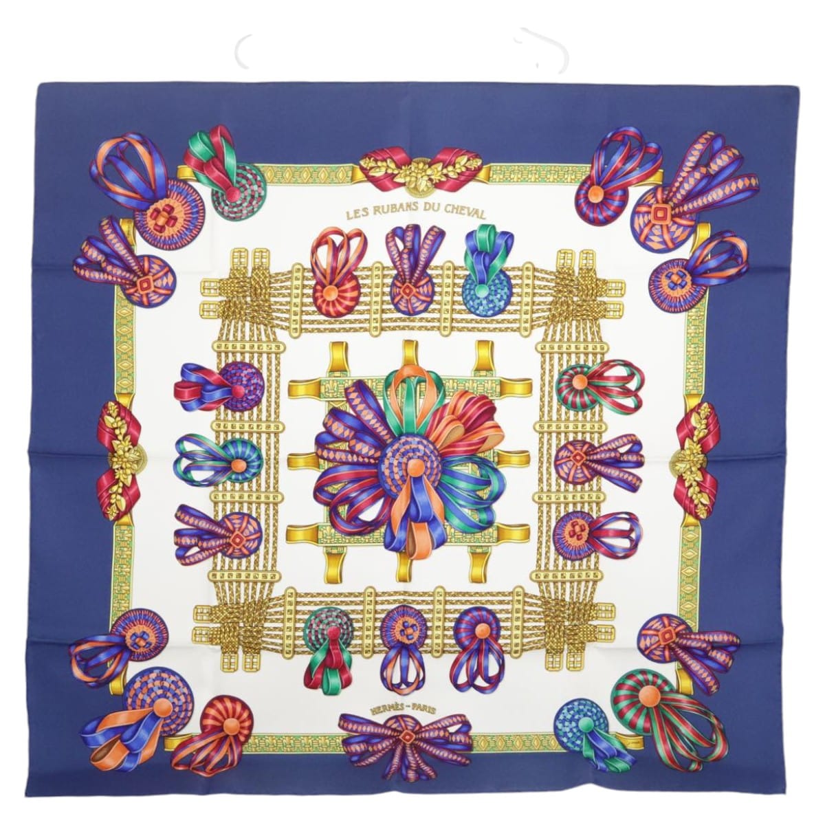 HERMES Carre 90 Scarf ""LES RUBANS DU CHEVAL"" Silk Blue White Auth ki ...