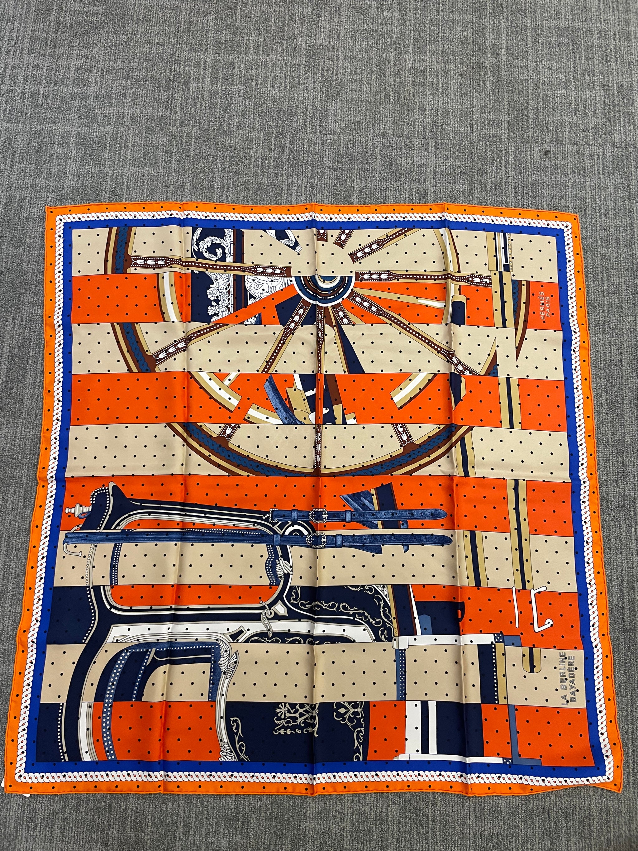 Hermès Silk 90-5 – Abstract Wheel Pattern in Orange, Navy, and Cream A ...