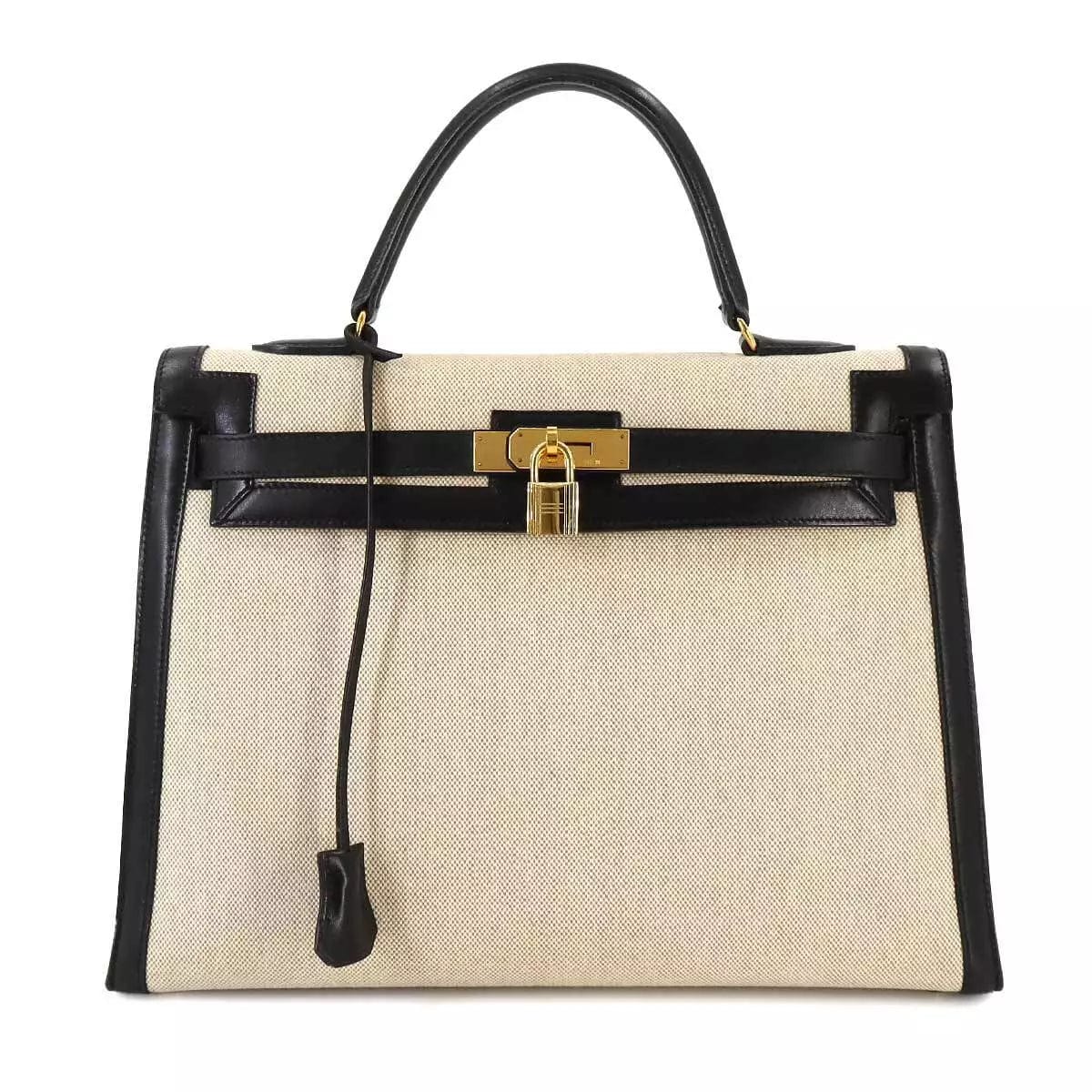 HERMES Kelly 35 Hand Bag Toile H Box Calf Natural Black Purse 90244023 ...