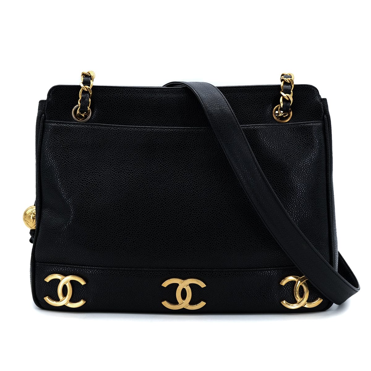 CHANEL VINTAGE TRIPLE COCO CHAIN TOTE BAG BLACK CAVIAR SKIN 90304692 ...