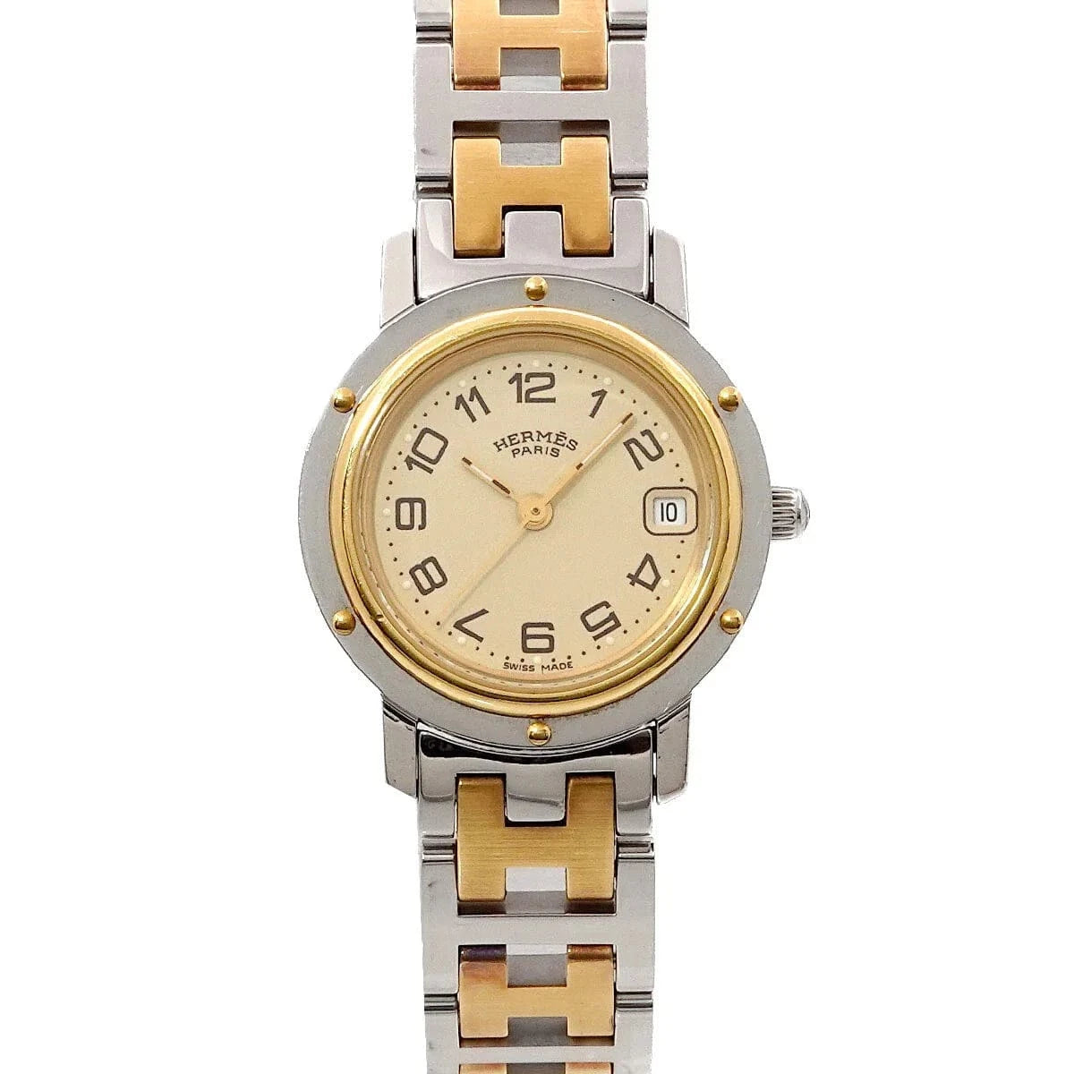 HERMES Clipper Two Tone CL4 220 Quartz Date cream Dial Ladies Watch 90 ...
