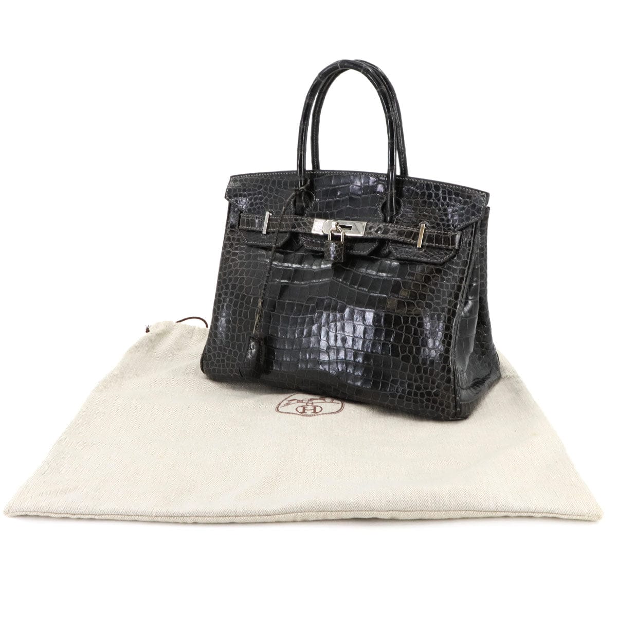 HERMES Crocodile Birkin 30 Polosus Graphite Handbag with Silver Hardwa ...