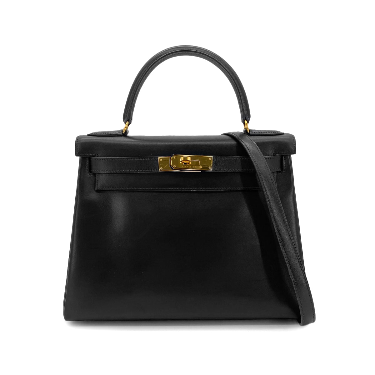 HERMES KELLY 28 RETOURNE BLACK BOX CALF HAND BAG 〇W GHW 90301095 ...