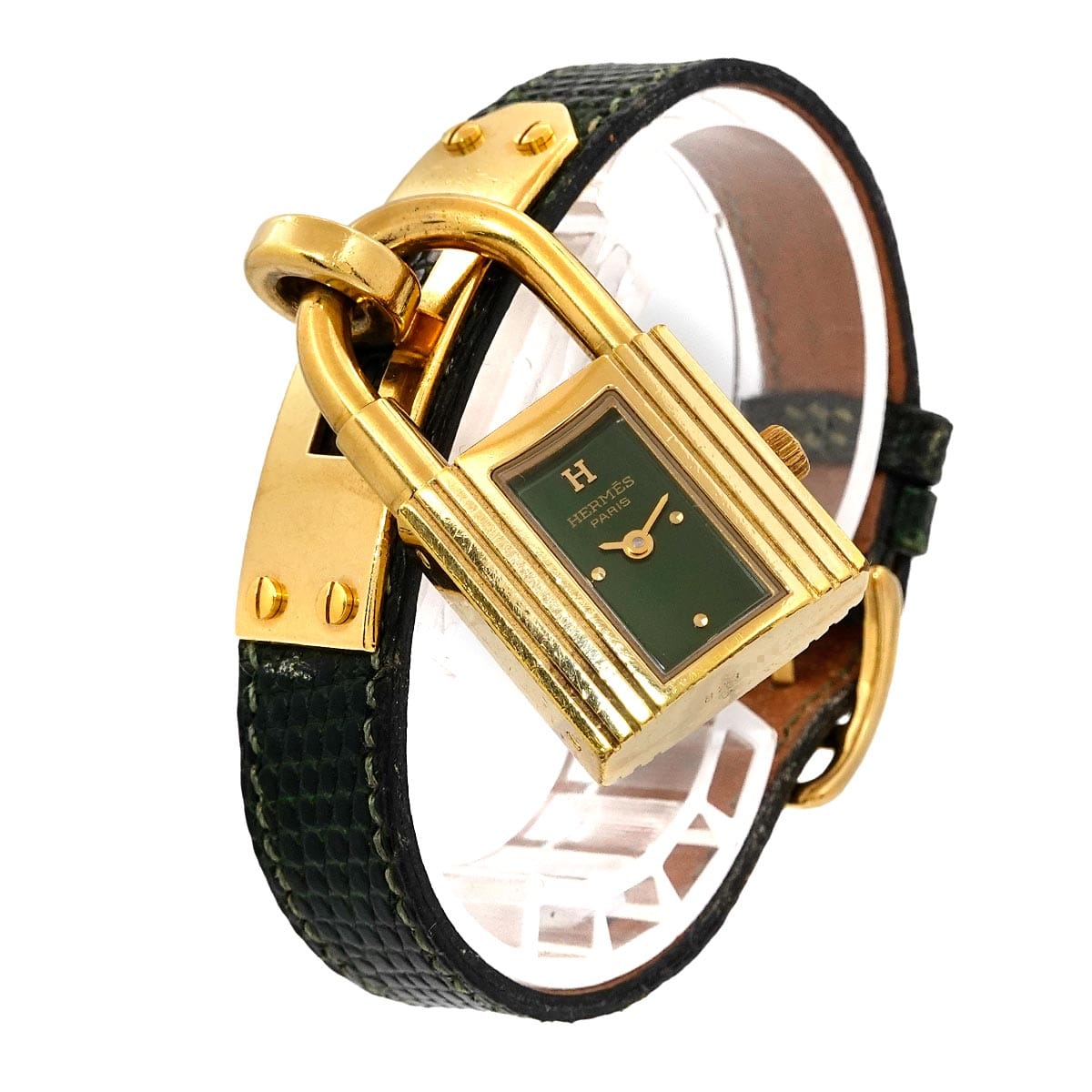 HERMES Kelly Watch Vintage Ladies Wristwatch Lizard Gold Green Quartz ...