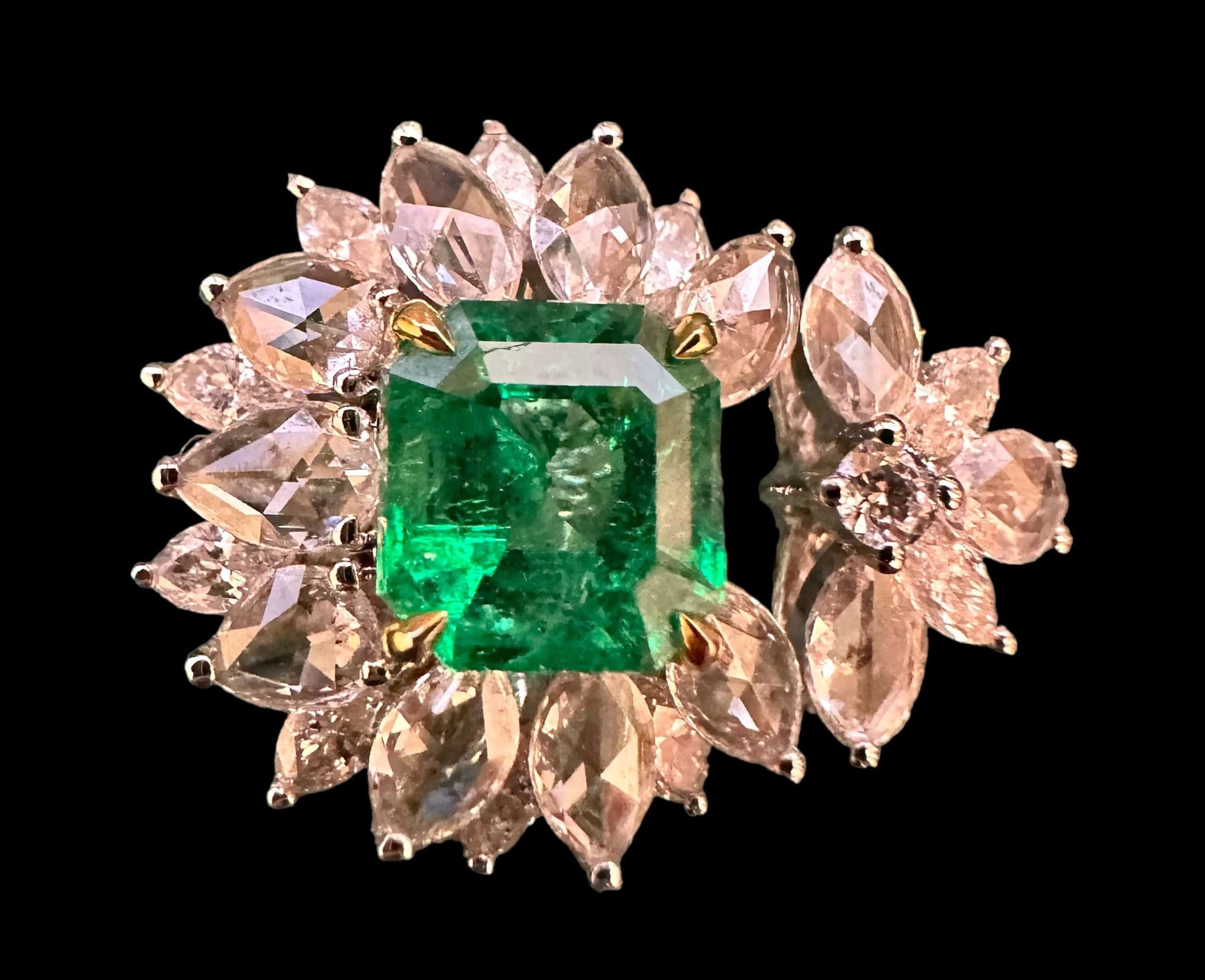 Emerald Cut Emerald & Floral Design Diamond Ring set in 18K White Gold ...