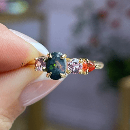 North South Black Opal Splice Ring 18ct Yellow Gold Shades of Pink/Pur ...