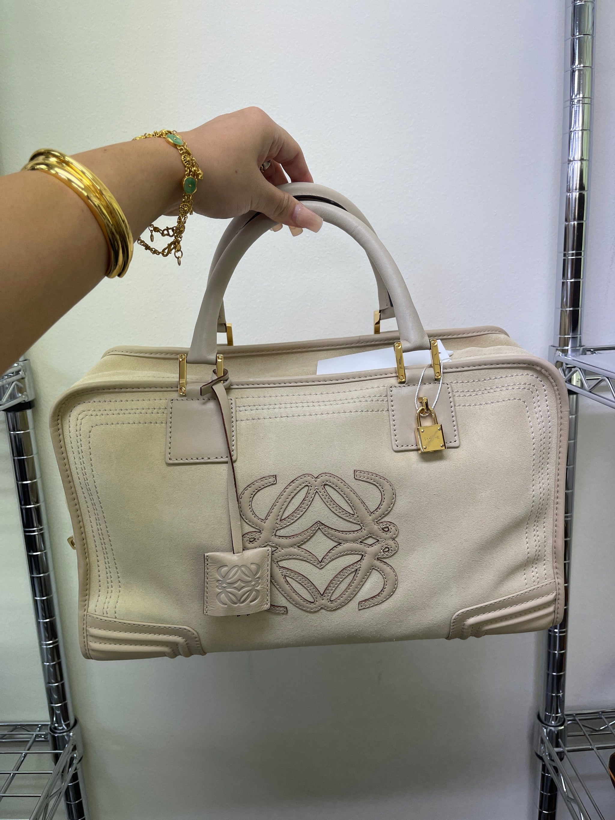 Loewe suede bowling anagram bag beige m0608m001 – Luxury Promise