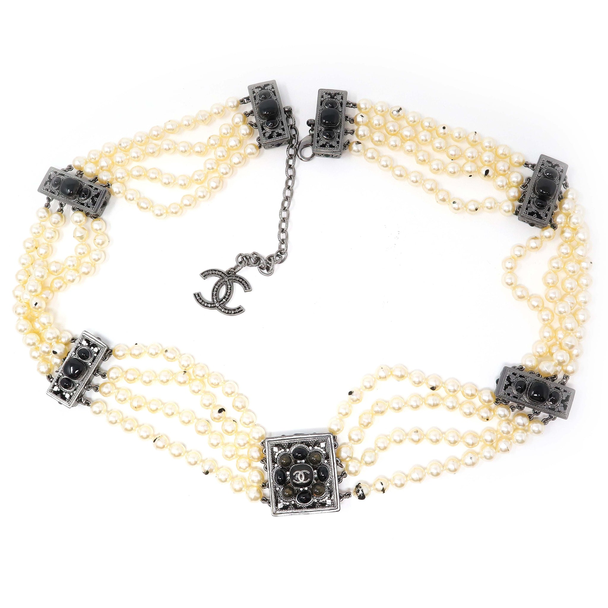 Chanel Cream Sultana Pearl Black Stone Camellia Belt Necklace – Luxury ...